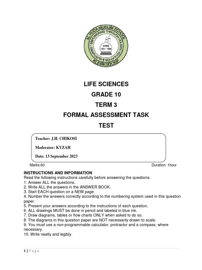 Grade 10 Life Sciences Term 3 Test | PDF