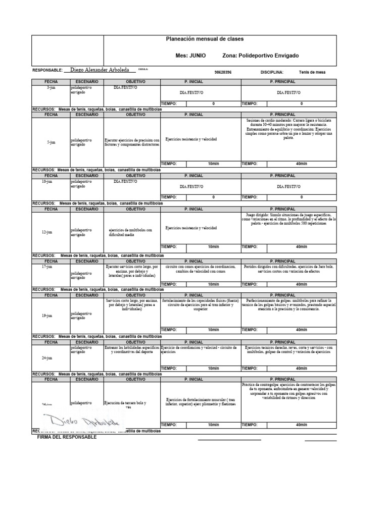 Plan de Clases de Tenis de Mesa - Junio | PDF