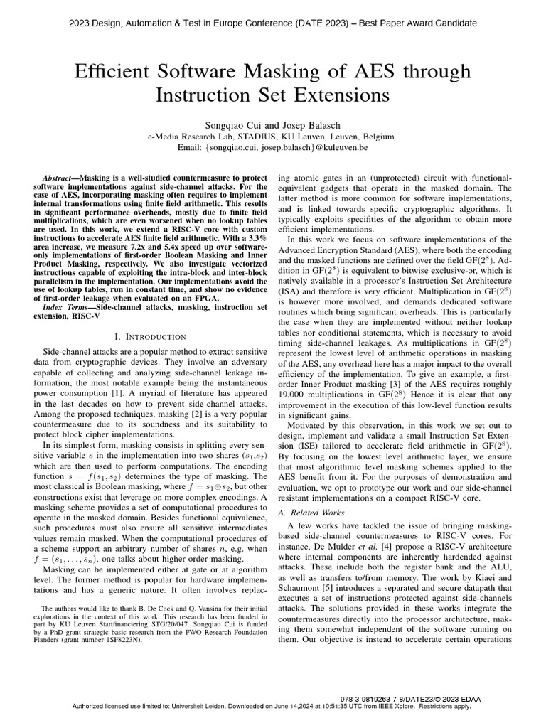 Efficient Software Masking of AES Through Instruction Set Extensions | PDF | System On A Chip ...
