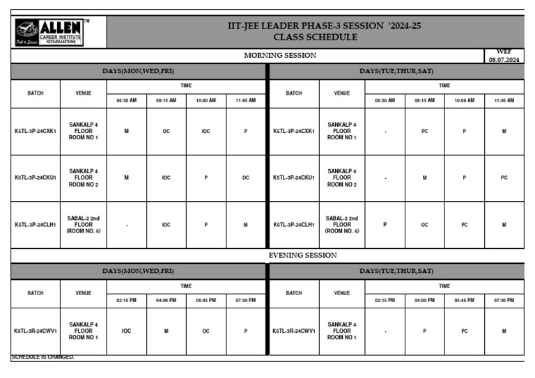 IIT-JEE Phase 3 Class Schedule 2024 | PDF