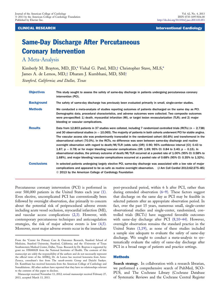 Same-Day Discharge After Percutaneous Coronary Intervention: A Meta ...