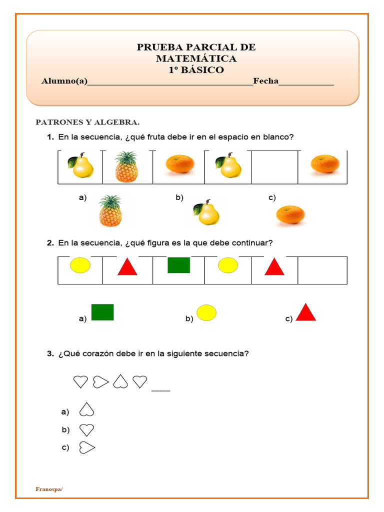 Prueba de Matemáticas: Patrones y Álgebra | PDF | Secuencia | Matemáticas