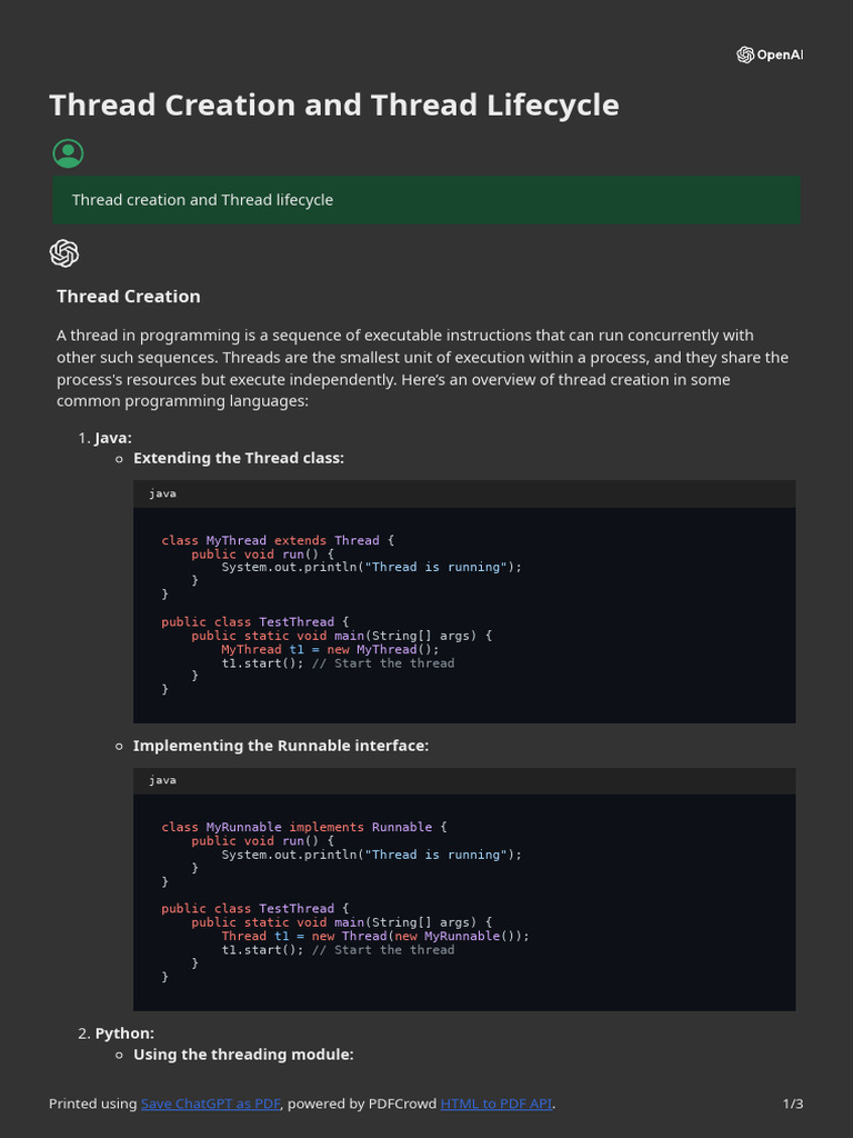 Thread Creation and Thread Lifecycle | PDF | Thread (Computing) | Java ...