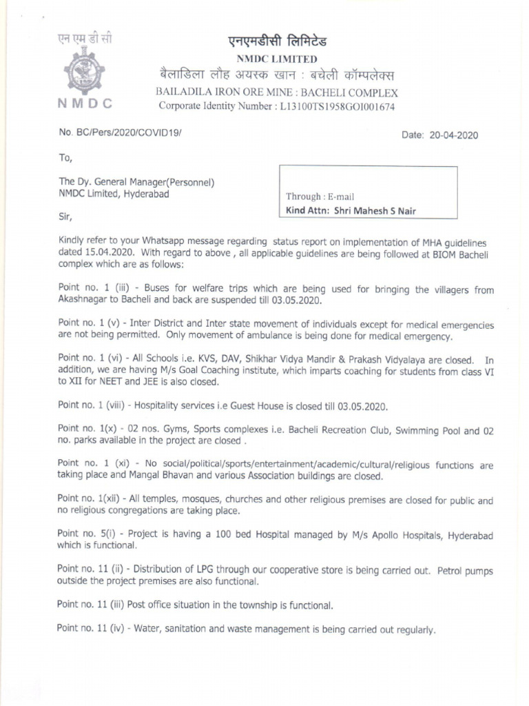 Status Report On Mha Guidelines-20.04.20 | PDF