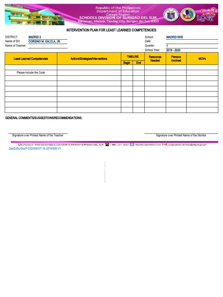 Template for Least Learned Competencies With Intervention | PDF