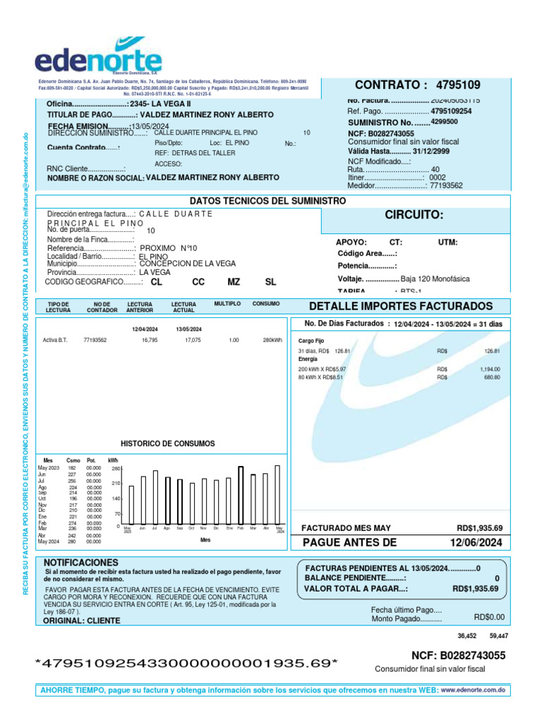 Factura Edenorte: Detalles y Pago Mayo 2024 | PDF | Electricidad