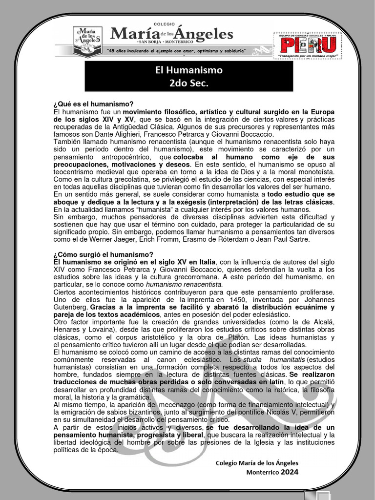 Ficha de Clase 2DO HISTORIA Sem 1 - II Bim | PDF | Humanismo | Renacimiento