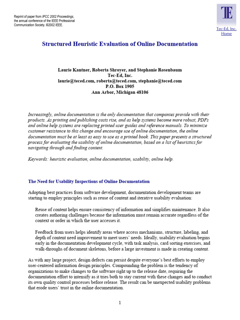 Structured Heuristic Evaluation of Online Documentation | PDF | Usability | Information