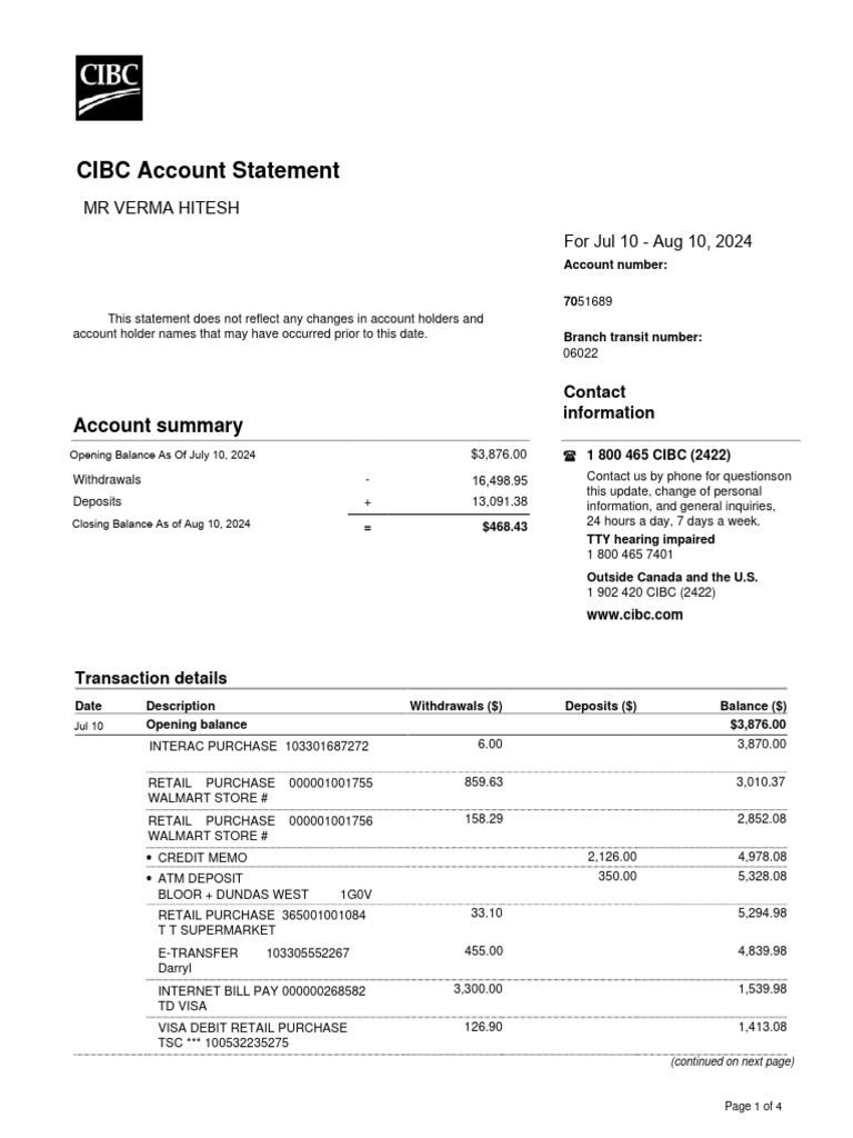 CIBC Statement for Account Holders | PDF | Debit Card | Visa Inc.
