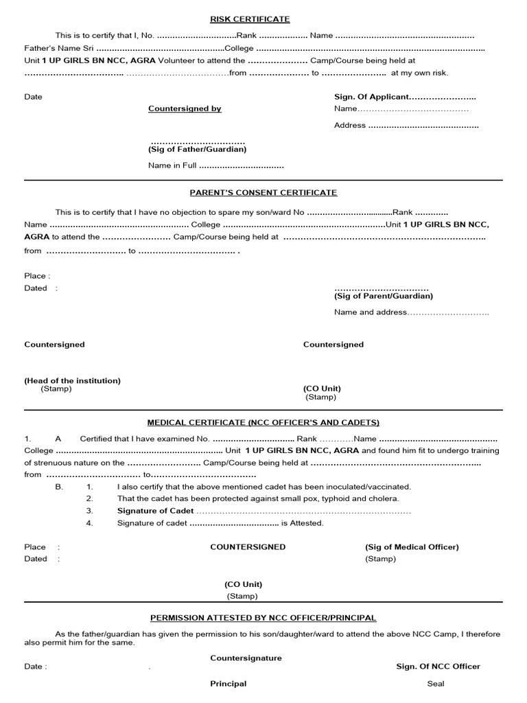 NCC Camp Risk and Consent Certificate | PDF | Games & Activities