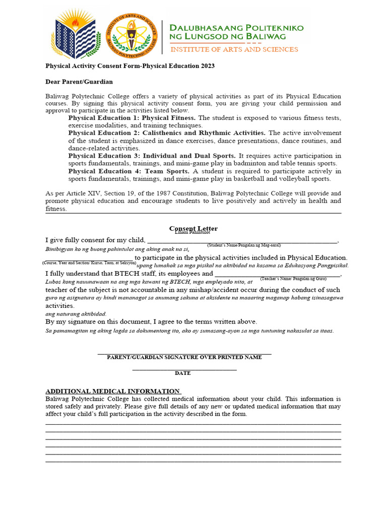 Physical Activity Consent Form 2023 | PDF | Physical Exercise ...