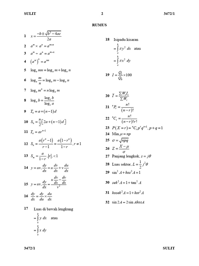 Jadual Rumus Addmath SPM | PDF