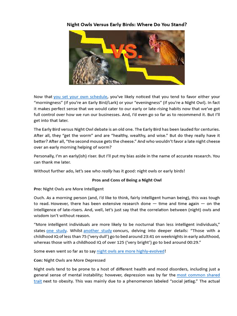 Night Owls vs Early Birds: Pros & Cons | PDF | Sleep | Psychology