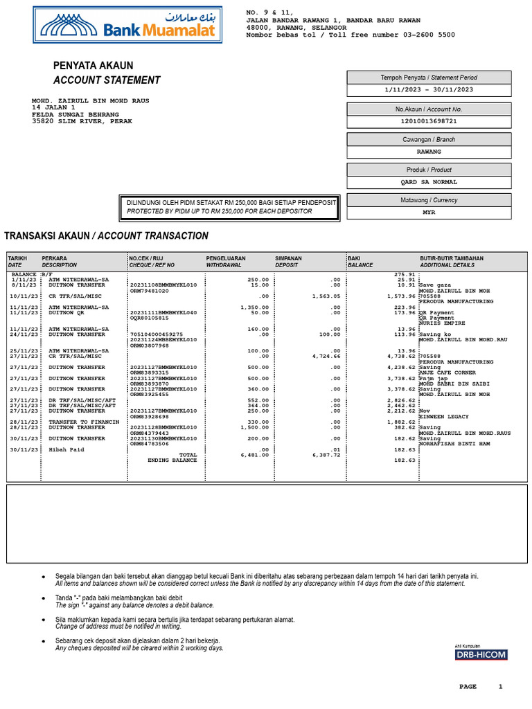 November 2023 Account Statement Summary | PDF | Services (Economics ...
