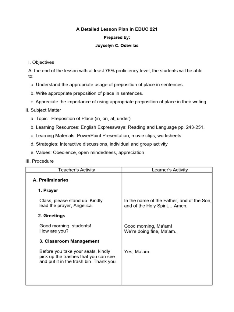 Semi Detailed Lesson Plan Educ 221 | PDF | Preposition And Postposition ...