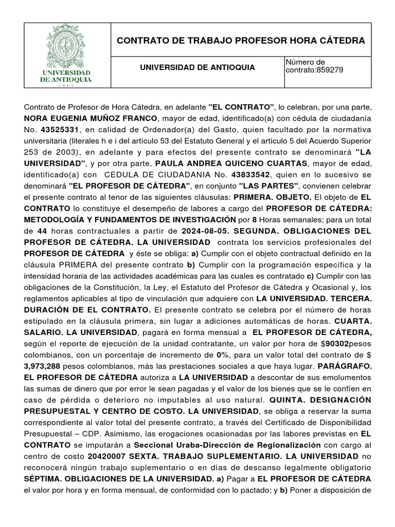 Contrato Profesor Cátedra UdeA 2024 | PDF | Universidad