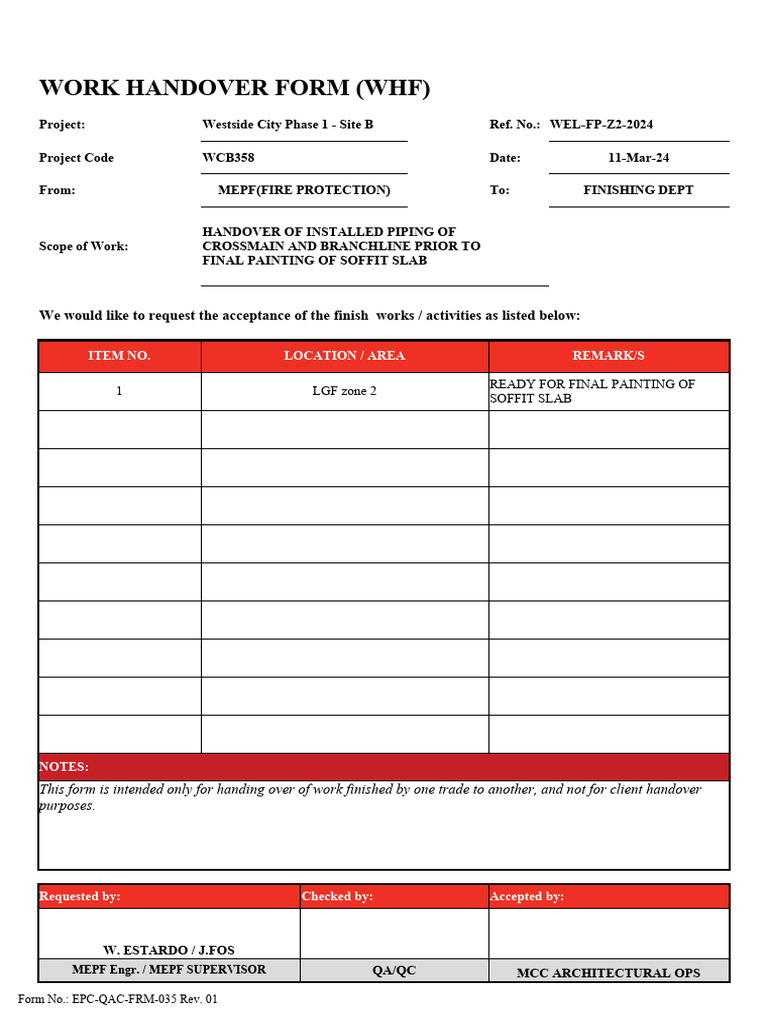 Handover Form | PDF