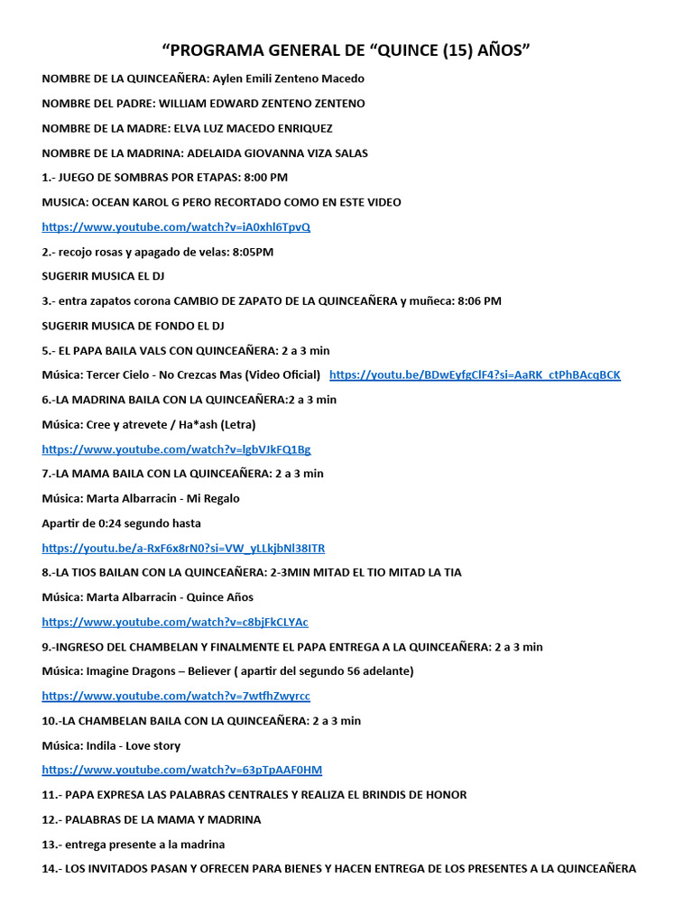 Programa General de La Quinceañera Aylen | PDF