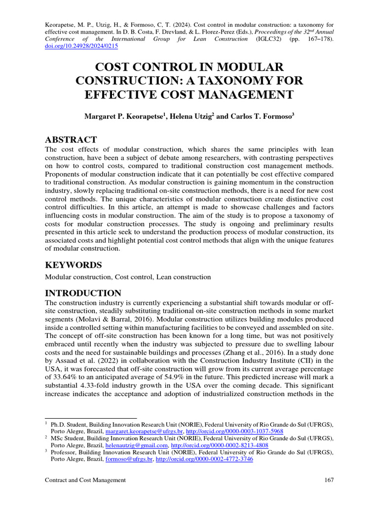 Keorapetse Et Al. 2024 - Cost Control in Modular Construction - A Taxonomy For Effective Cost ...