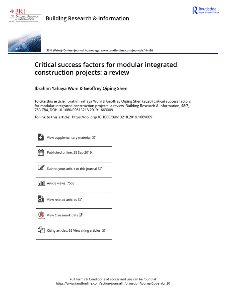 Critical Success Factors For Modular Integrated Construction Projects A Review | PDF ...