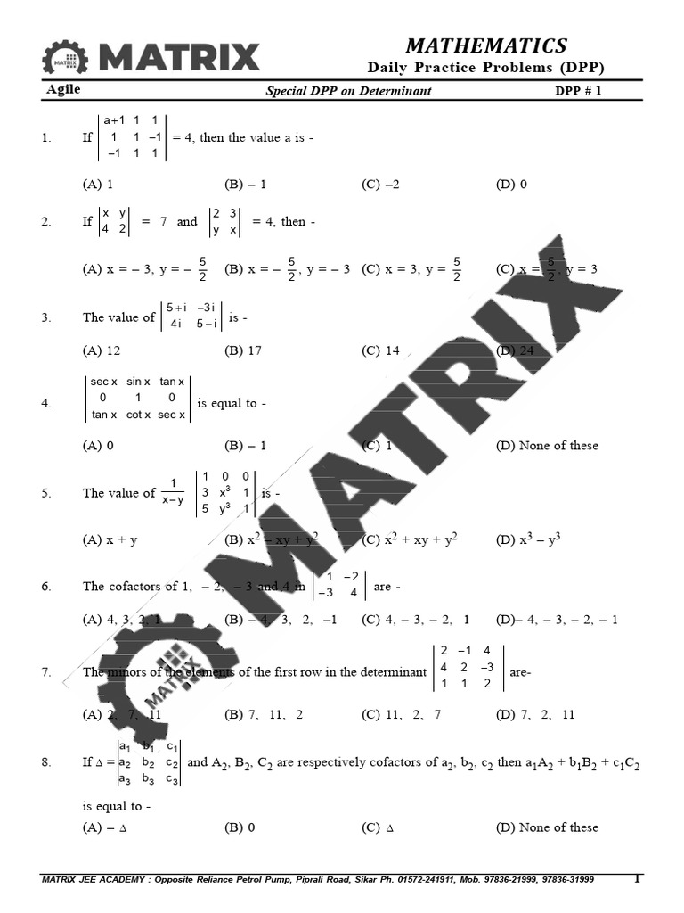 Determinant and Matrices DPP) | PDF | Determinant | Mathematical Analysis