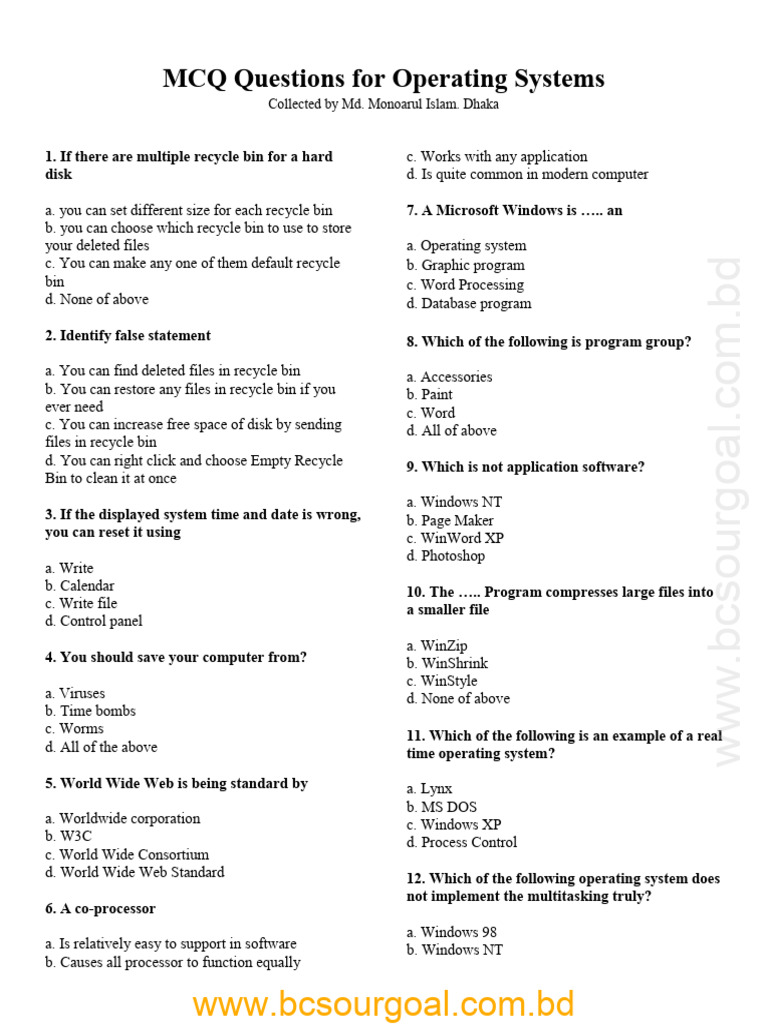 MCQ For Operating Systems | PDF | Microsoft Windows | Operating System