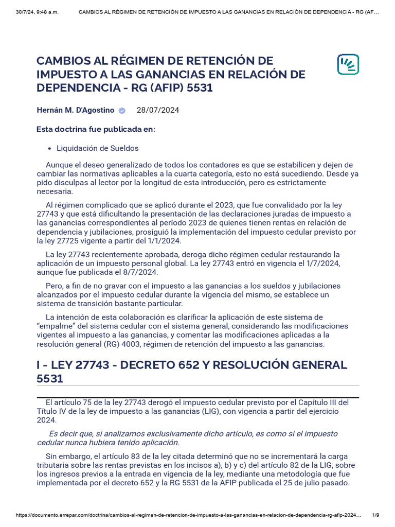 Cambios Al Régimen De Retención De Impuesto A Las Ganancias En Relación