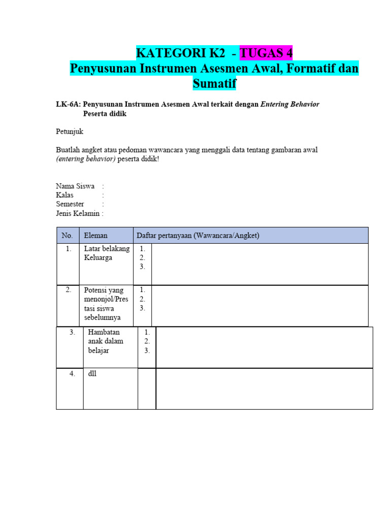 K2 - Tugas 4 - Penyusunan Instrumen Asesmen Awal, Formatif Dan Sumatif ...