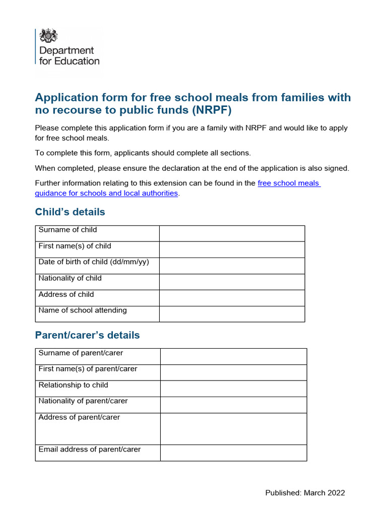 Application Form For Free School Meals From Families With No Recourse To Public Funds NRPF 22 23 ...