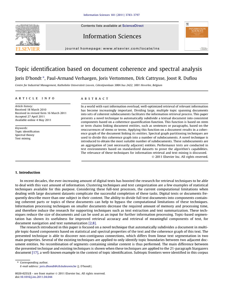 D'hondt, J. - Topic Identification Based On Document Coherence and Spectral Analysis | PDF ...