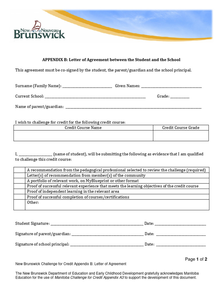 New Brunswick Credit Challenge Agreement | PDF
