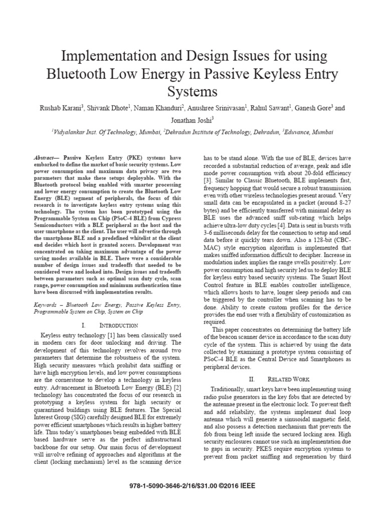 Implementation and Design Issues For Using Bluetooth Low Energy in Passive Keyless Entry Systems ...