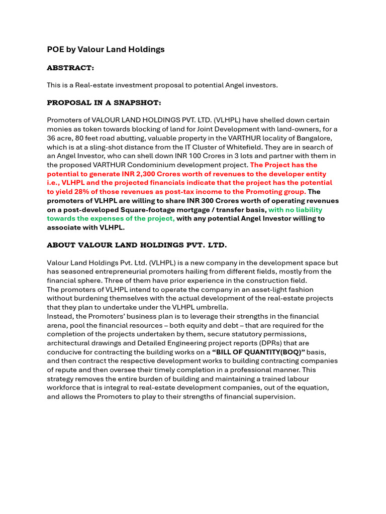 POE Summary by Valour Land Holdings | PDF | Real Estate Investing | Money