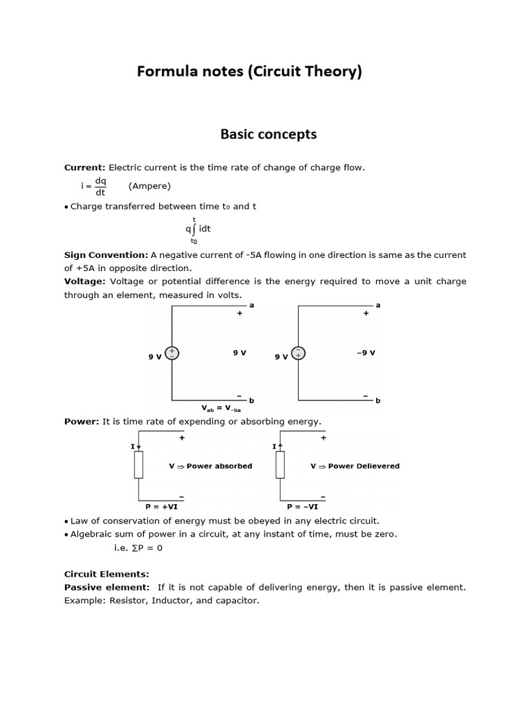 Electrical Circuit Theory Formula Notes 1722135220 | PDF | Electrical ...