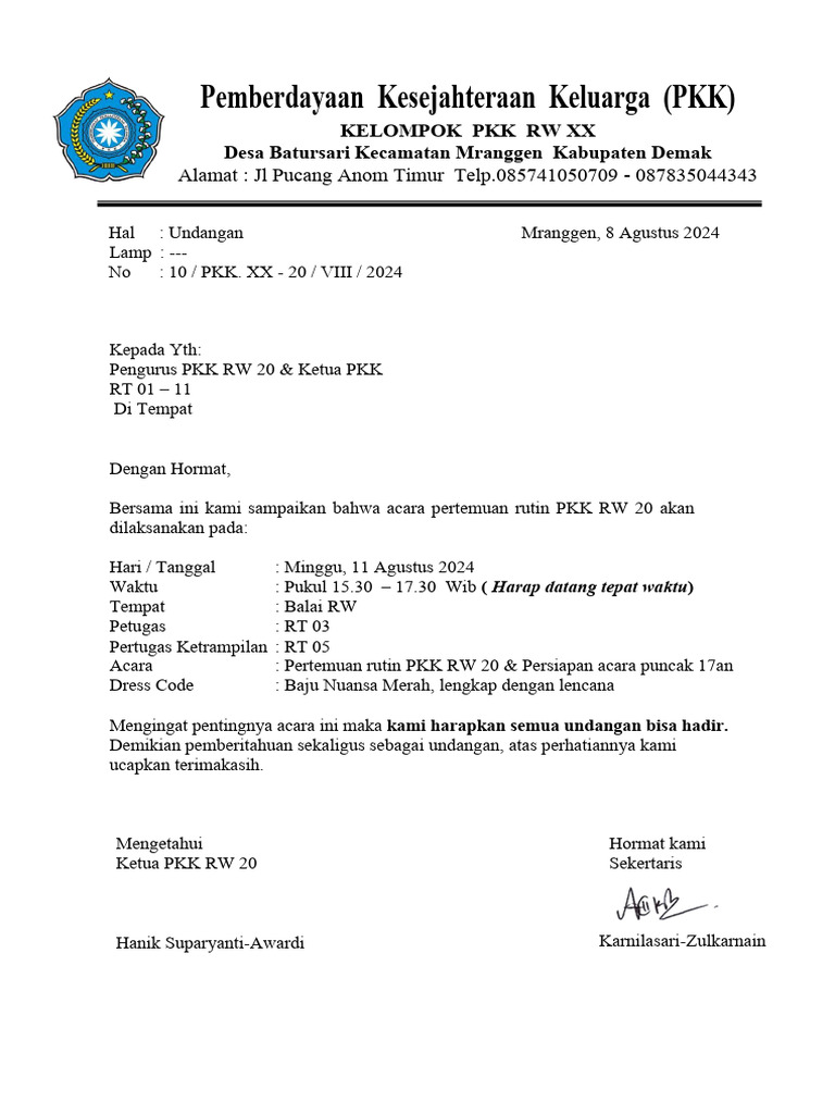 UNDANGAN PKK 20.Docx Bulan Agustus 2024 | PDF