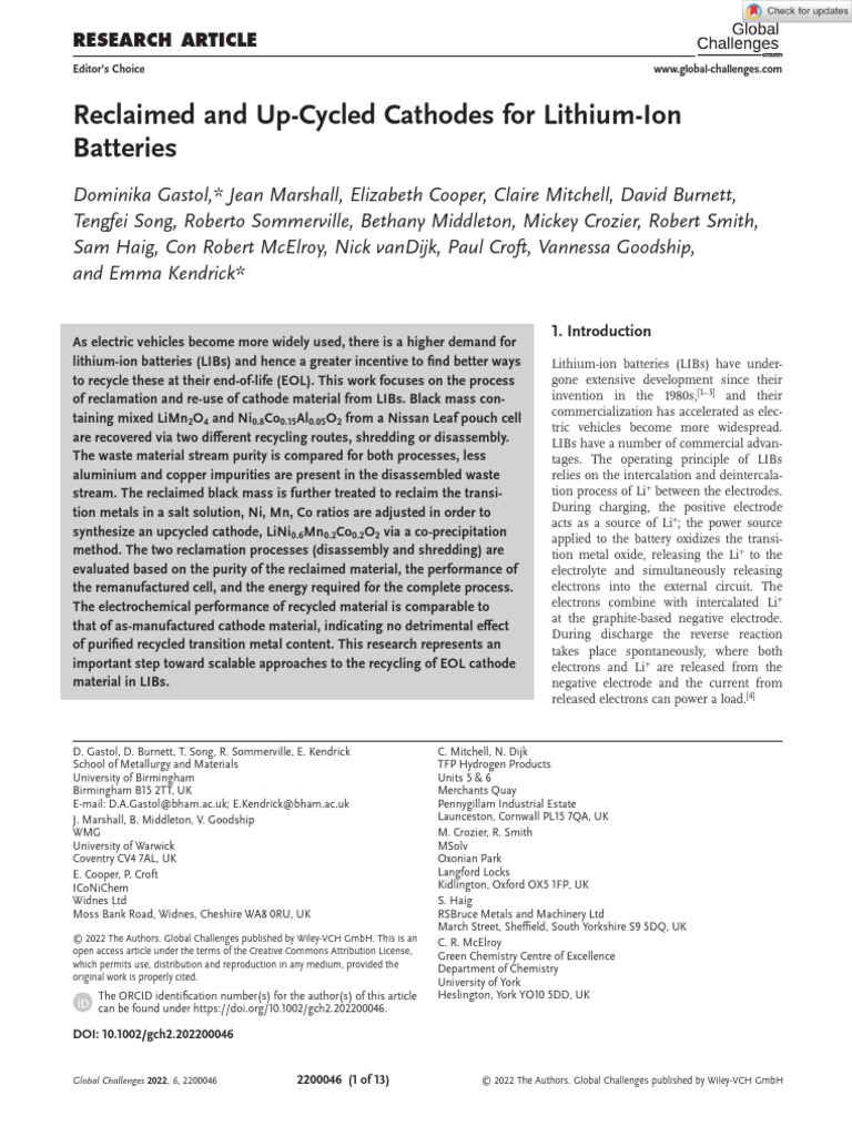 2022 - Gastol - Reclaimed and Up Cycled Cathodes For Lithium Ion ...