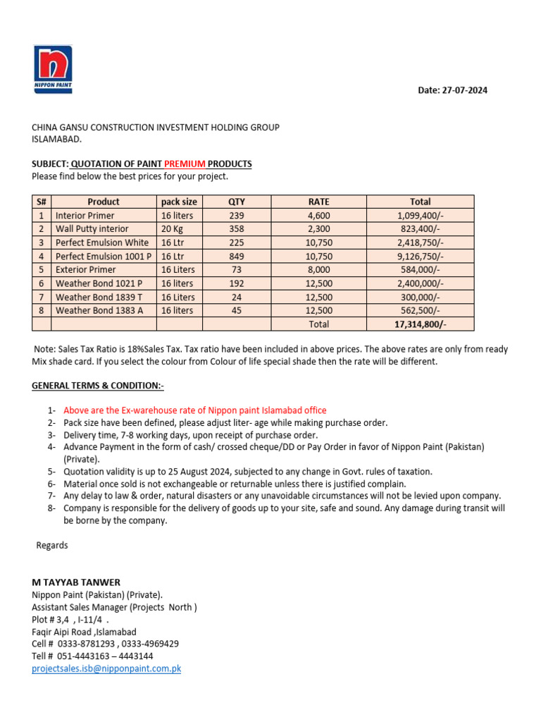 Quotation for Premium Paint Products | PDF | Taxes | Public Finance