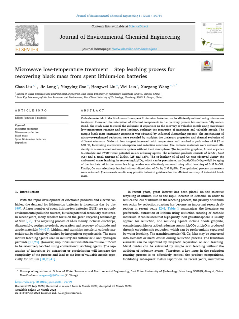 Journal of Environmental Chemical Engineering: Chao Liu, Jie Long ...