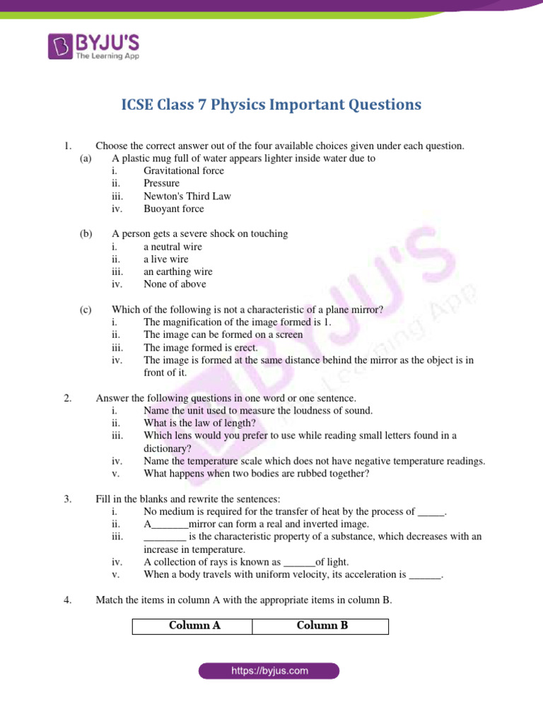 ICSE Class 7 Physics Important Questions | PDF | Force | Light