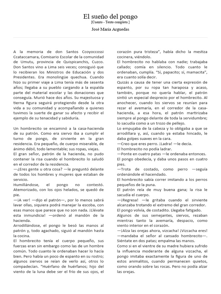 El Sueño Del Pongo 2º - José María Arguedas | PDF | Poesía