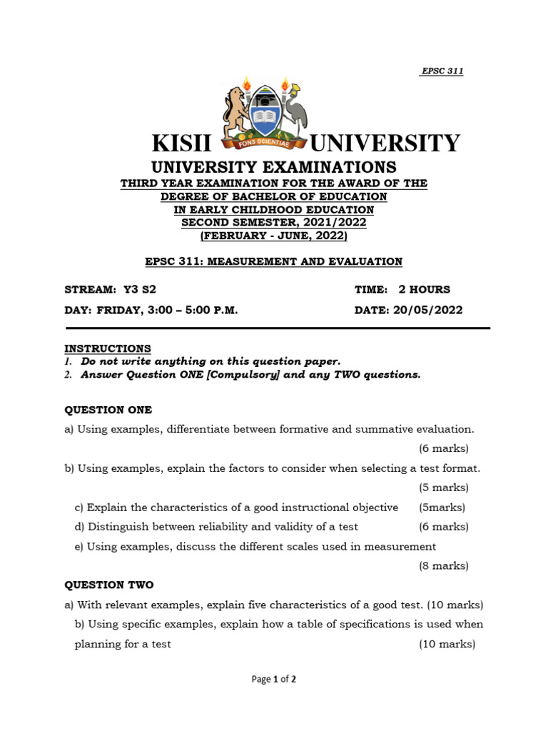 EPSC 311 Measurement & Evaluation Exam | PDF
