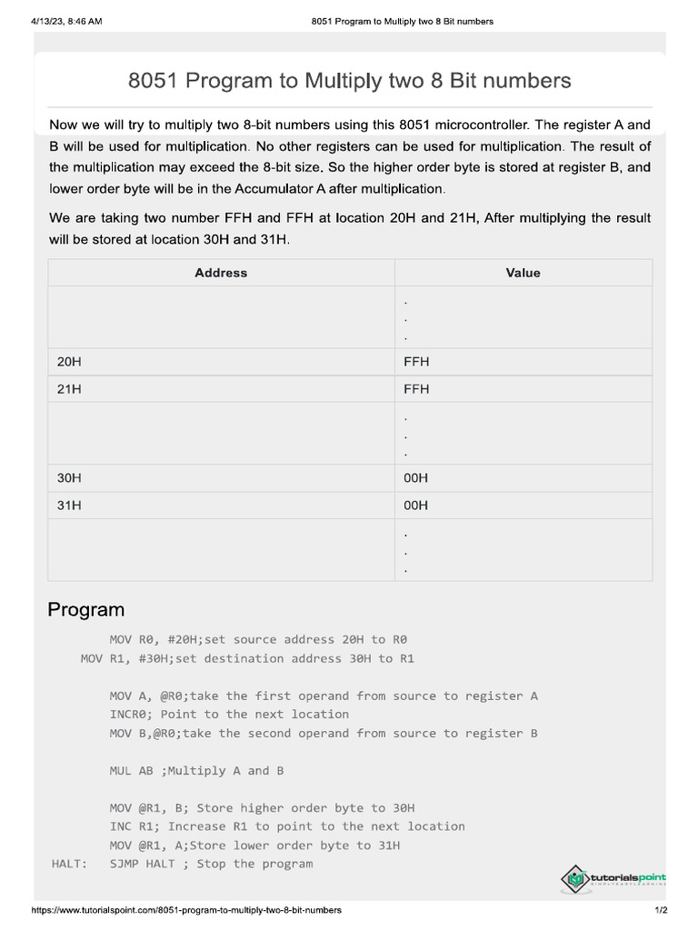 8051 Multiply | PDF