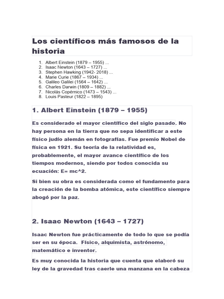 Los Científicos Más Famosos de La Historia | PDF | Marie Curie | Albert ...