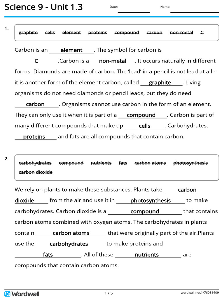 Science 9 Unit 13 Complete The Sentence 1 | PDF | Carbon | Fuels