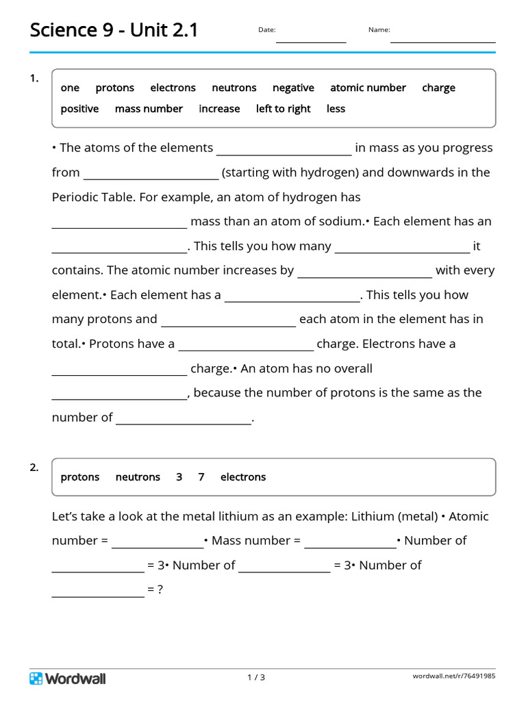 Science 9 Unit 21 Complete The Sentence | PDF | Atoms | Proton