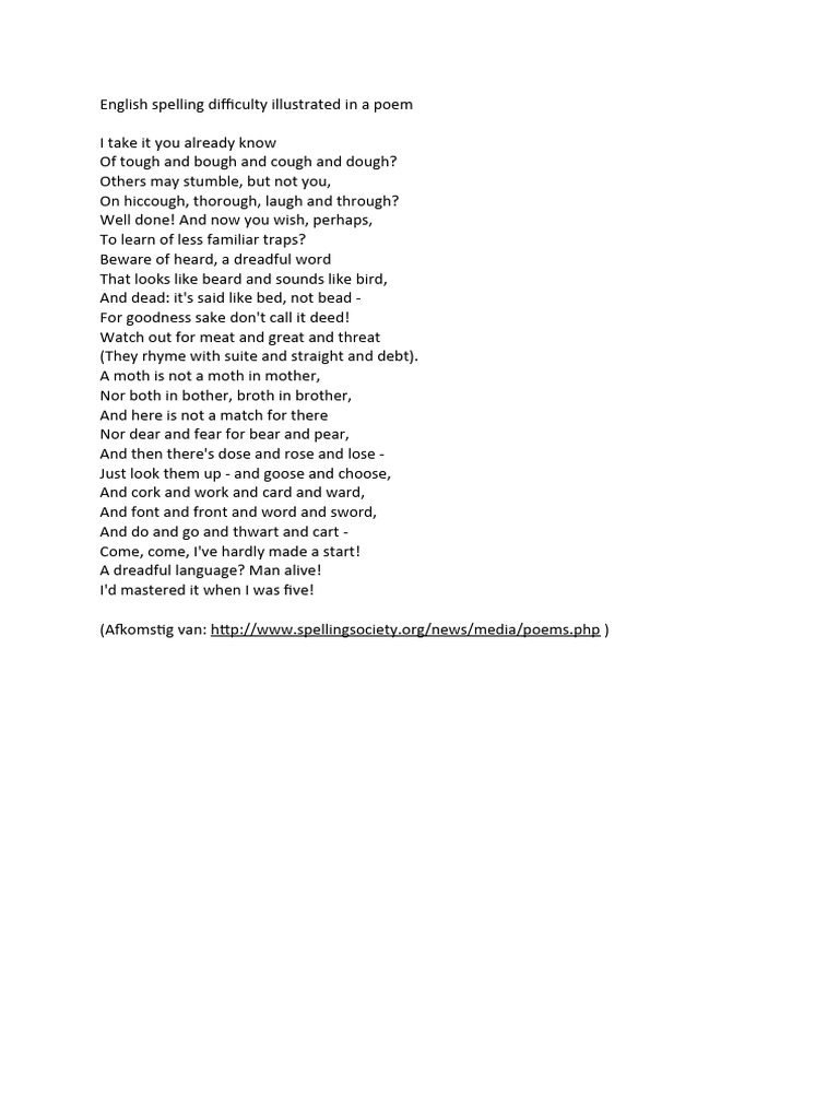 English Spelling Inconsitencies Illustrated in Funny Poem | PDF
