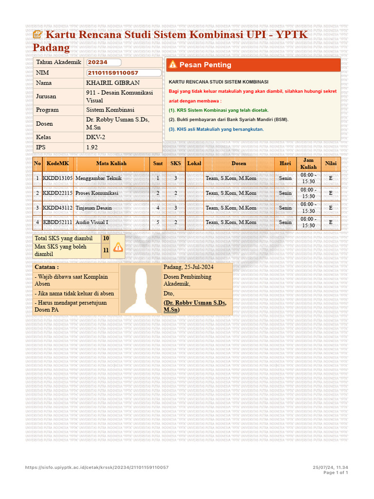 Print Kartu Rencana Studi (KRS) Sistem Kombinasi Mahasiswa | PDF