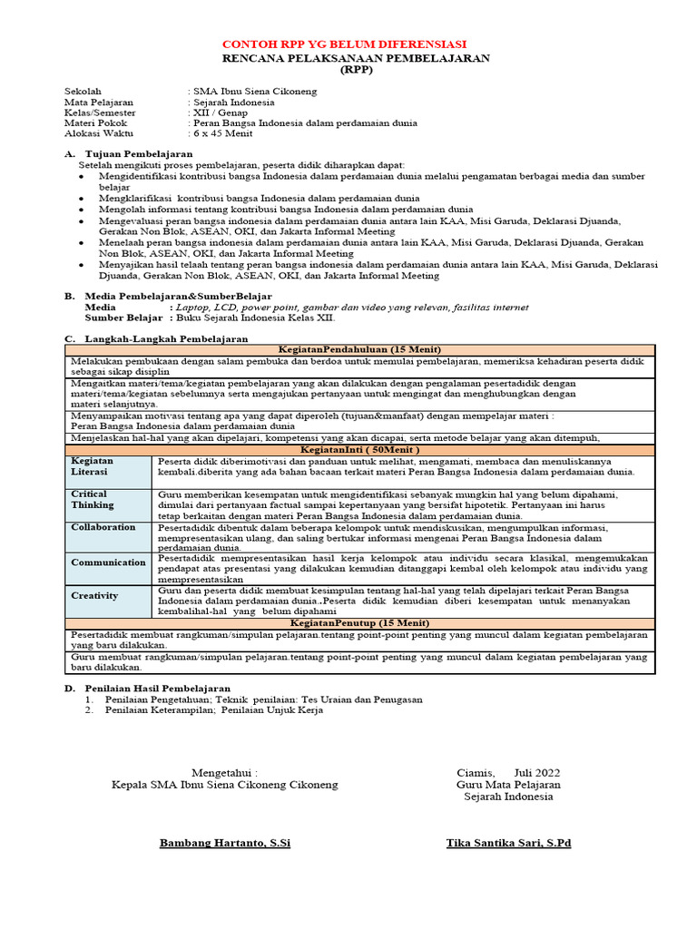 CONTOH RPP Diferensiasi Dan FSE Sejarah Kls 12 | PDF | Karier & Perkembangan | Seni