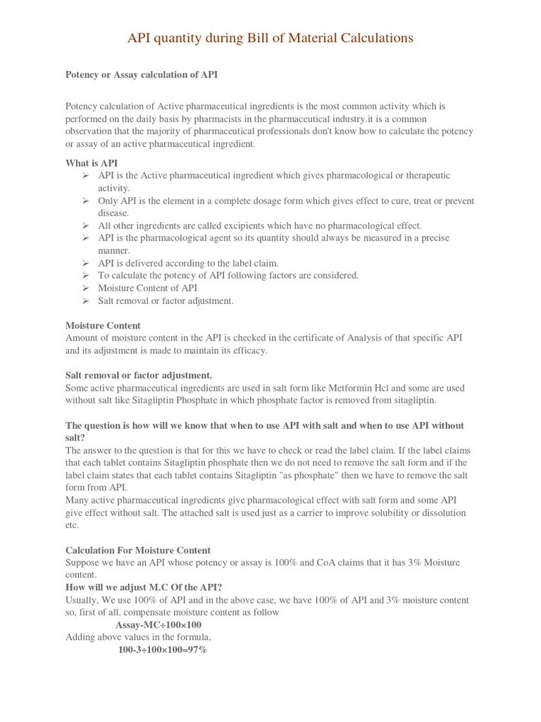 API Potency and Moisture Calculation Guide | PDF | Tablet (Pharmacy ...