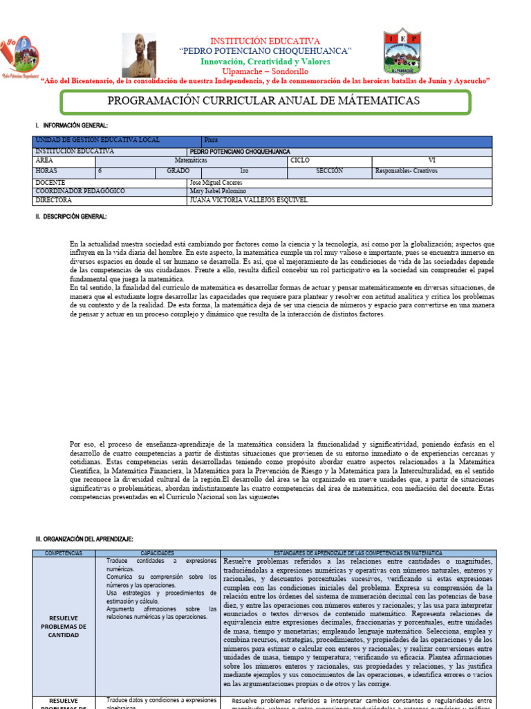 Esquema de Programacion Anual 2024 PPCH | PDF | Ecuaciones | Números